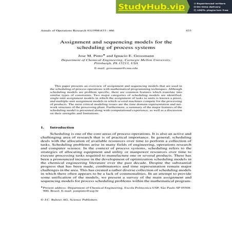 Assignment And Sequencing Models For Thescheduling Of Process Systems ...