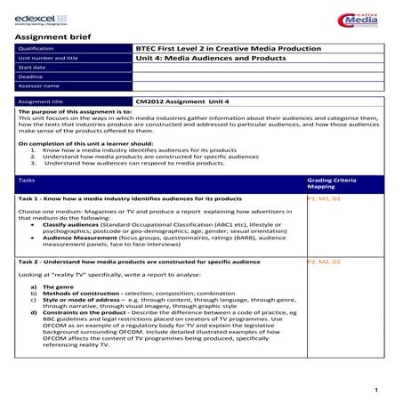Assignment brief btec l2 unit 4 assignment | PDF