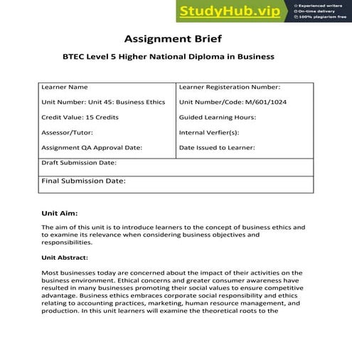 Assignment Brief BTEC Level 5 Higher National Diploma In Business | PDF