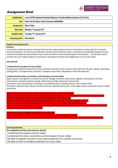 Unit 29: Music Video Production (Brief) | DOCX