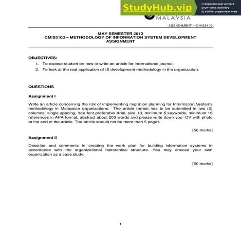 ASSIGNMENT CMIS5103 1 MAY SEMESTER 2013 CMIS5103 METHODOLOGY OF INFORMATION SYSTEM DEVELOPMENT ...