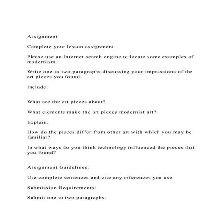 AssignmentComplete your lesson assignment.Please use an .docx