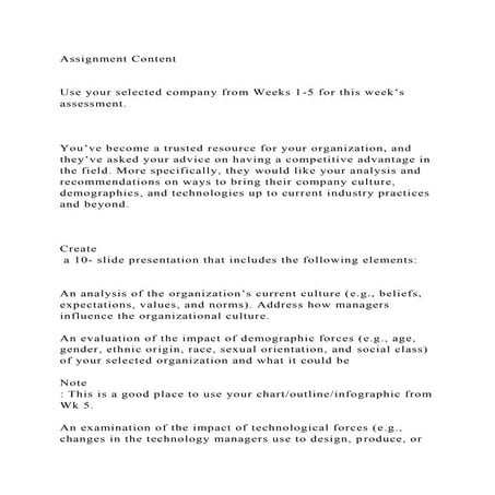 Assignment ContentUse your selected company from Weeks 1-5 for.docx | Business | Business and ...