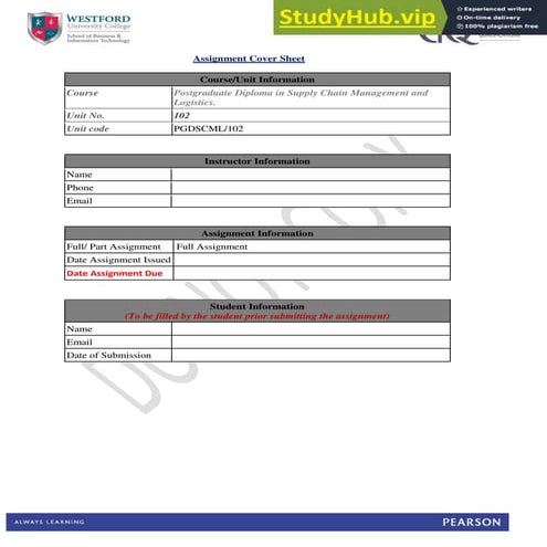Assignment Cover Sheet Course Unit Information Course Postgraduate Diploma In Supply Chain ...