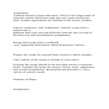 Assignment Cultural analysis recipe and report. Three to five pag.docx