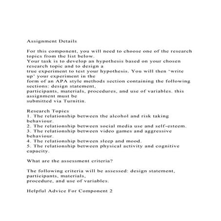 Assignment Details For this component, you will need to ch.docx