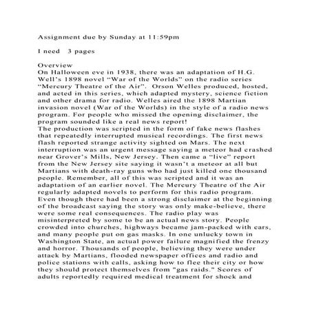 Assignment due by Sunday at 1159pmI need 3 pagesOverview.docx