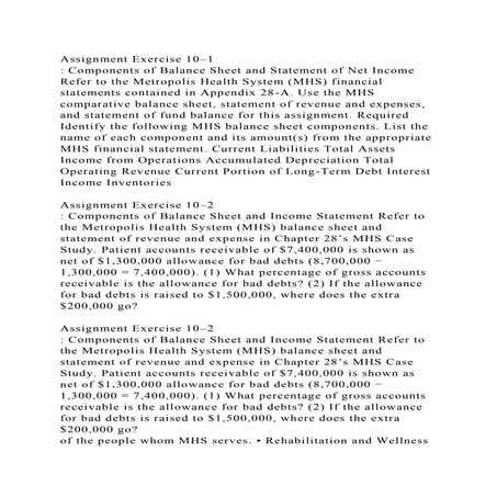 Assignment Exercise 10–1 Components of Balance Sheet and Statemen.docx