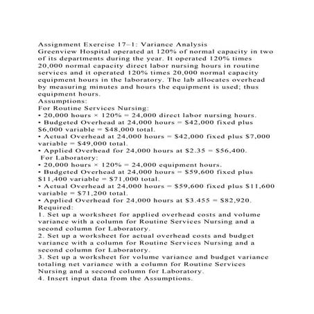 Assignment Exercise 17–1 Variance AnalysisGreenview Hospital op.docx