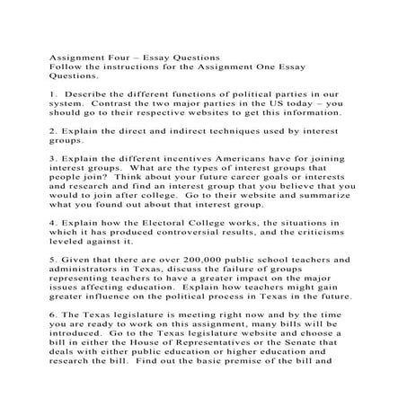 Assignment Four – Essay QuestionsFollow the instructions for the.docx