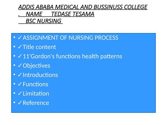 Gordon's (functional ) approach guide for nurses | DOCX