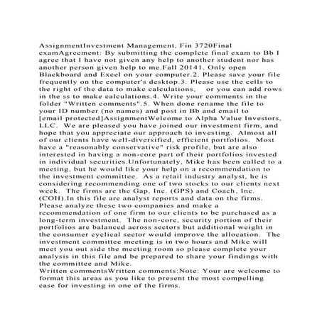 AssignmentInvestment Management, Fin 3720Final examAgreement By s.docx