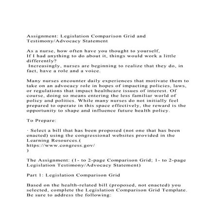 Assignment Legislation Comparison Grid and TestimonyAdvocacy S.docx
