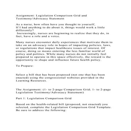 Assignment Legislation Comparison Grid and TestimonyAdvocacy State.docx