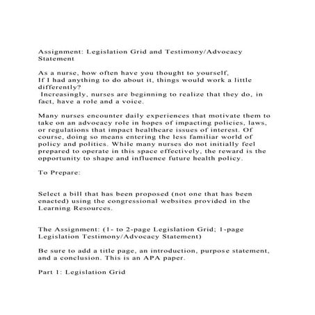 Assignment Legislation Grid and TestimonyAdvocacy Statement.docx