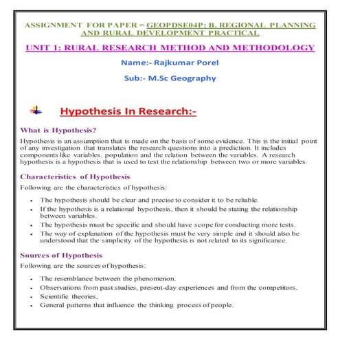 RURAL RESEARCH METHOD AND METHODOLOGY ,,, Hypothesis In Research | DOCX