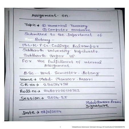 Assignment On Numerical Taxonomy And Computer Hardware. BSc 3rd sem . MLK.PG College Balrampur ...