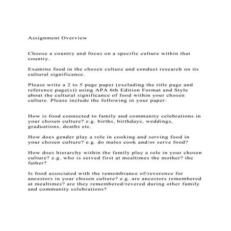Assignment OverviewChoose a country and focus on a specifi.docx