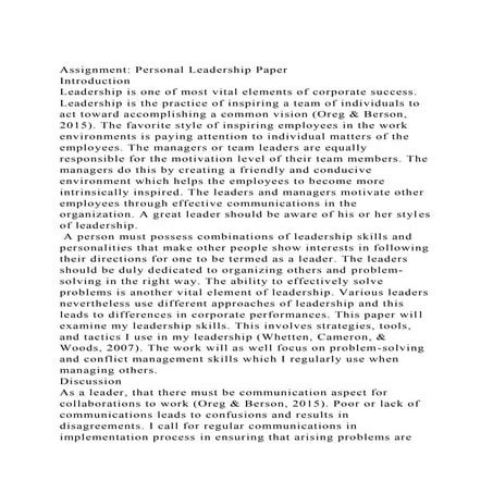 Assignment Personal Leadership PaperIntroductionLeadership is.docx ...