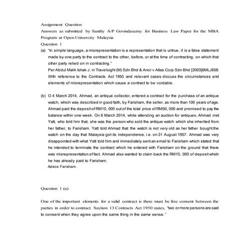 Assignment question in fulfillment of Business Law Paper for MBA ...