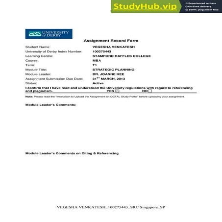 Assignment Record Form Module Leader S Comments Module Leader S Comments On Citing Amp ...