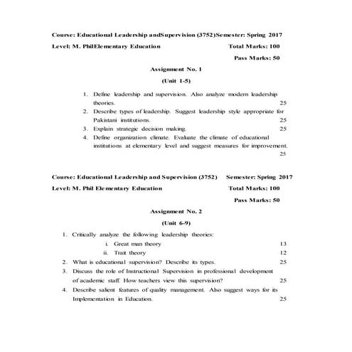 Assignments educational leadership ( 3752) mphil ( elementary) | DOCX