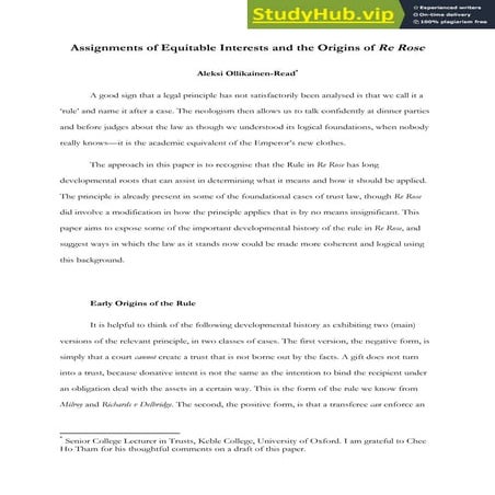 Assignments Of Equitable Interests And The Origins Of Re Rose | PDF