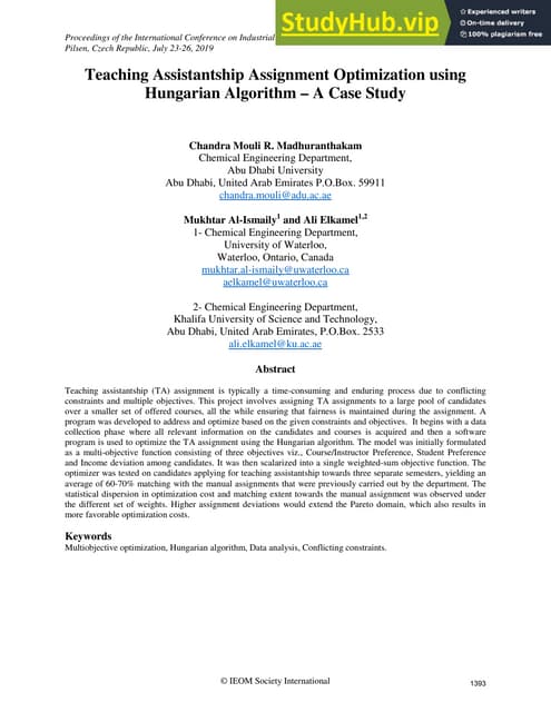 Assistantship Assignment Optimization Using Hungarian Algorithm A Case 7459