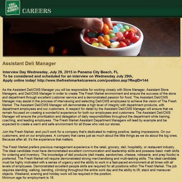 Asst Deli manager job panama city beach fl grocery market store jobs | PDF