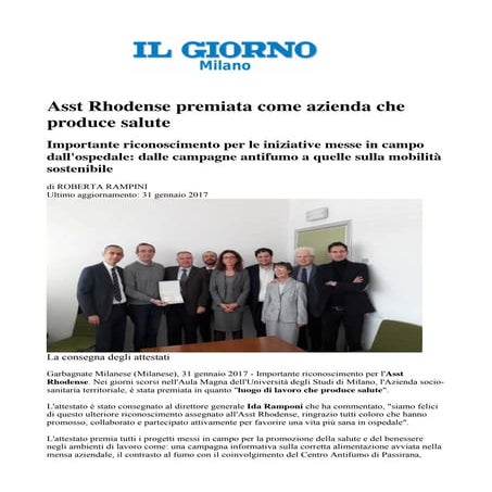 Asst rhodense premiata come azienda che produce salute | PDF