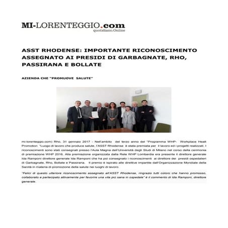 ASST RHODENSE: IMPORTANTE RICONOSCIMENTO ASSEGNATO AI PRESIDI DI ...