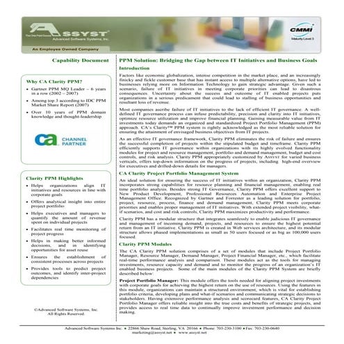 Assyst Clarity PPM Capabilities, CMMI, Outsourcing, Portfolio ...