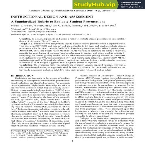 A Standardized Rubric To Evaluate Student Presentations | PDF