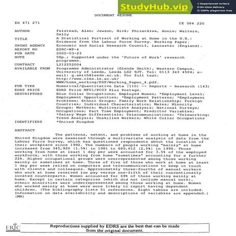 A Statistical Portrait Of Working At Home In The UK Evidence From The ...