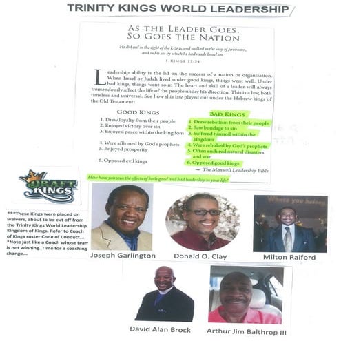 Trinity Kings World Leadership: As a Leader(Coach) Kings goes, So goes ...