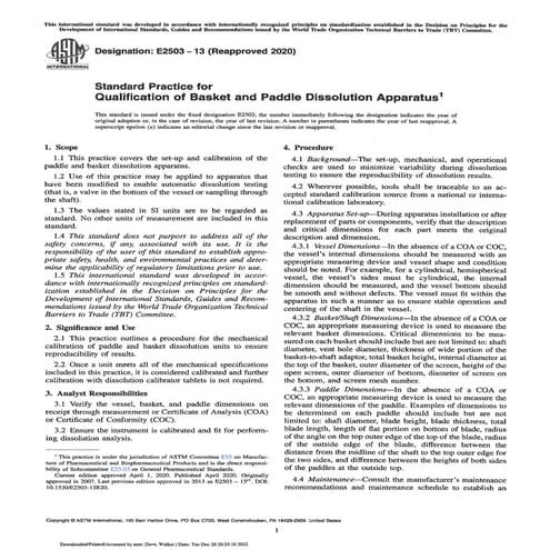 ASTM E2503 -13 (2022) standard practice for Qualification of basket and paddle dissolution ...