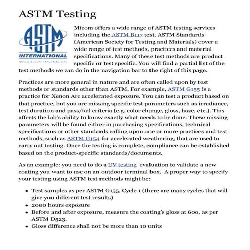 ASTM testing and other material testing services available at Micom | PDF