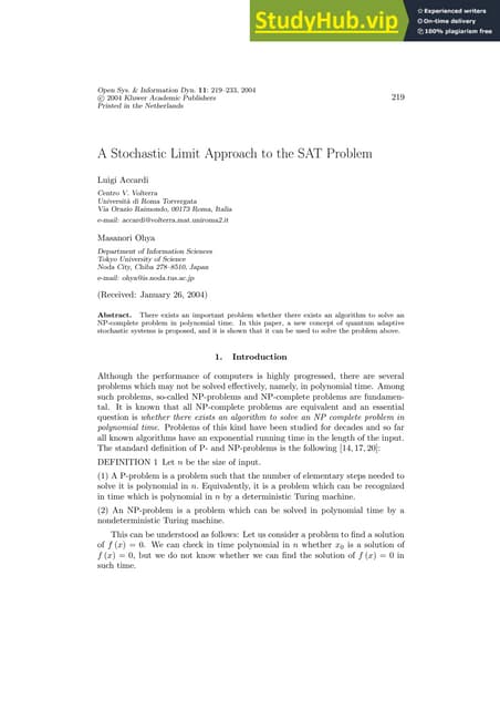 A Stochastic Limit Approach To The Sat Problem Pdf