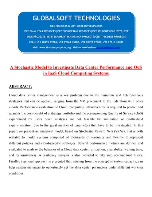 A Stochastic Model To Investigate Data Center Performance And Qo S In