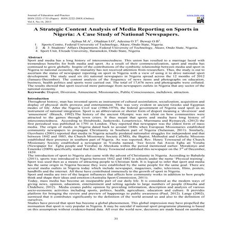 A strategic content analysis of media reporting on sports in nigeria a ...