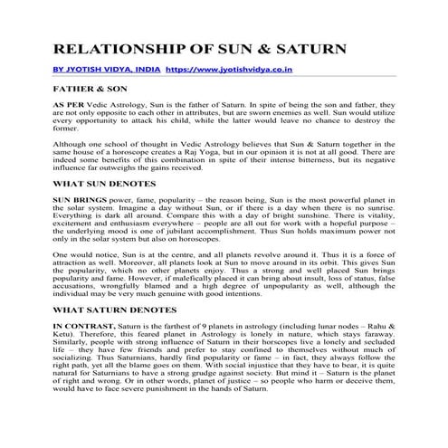 Relationship of Sun & Saturn In Vedic Astrology | PDF