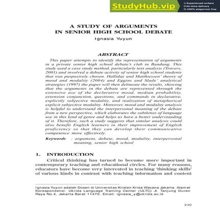 A STUDY OF ARGUMENTS IN SENIOR HIGH SCHOOL DEBATE | PDF