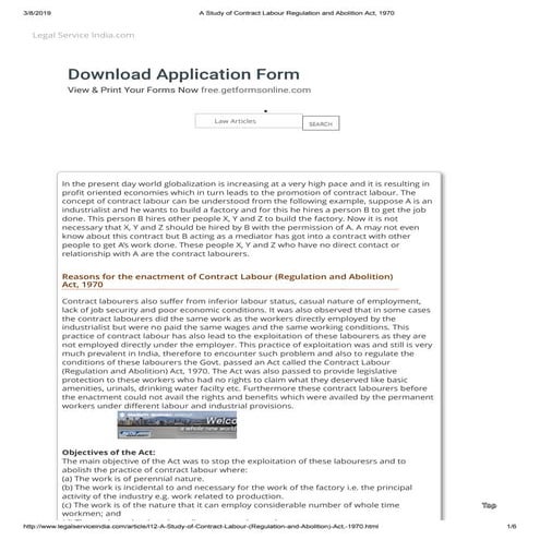 A study of contract labour regulation and abolition act, 1970 | PDF