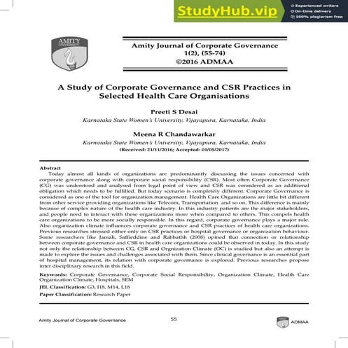 A Study Of Corporate Governance And CSR Practices In Selected Health ...