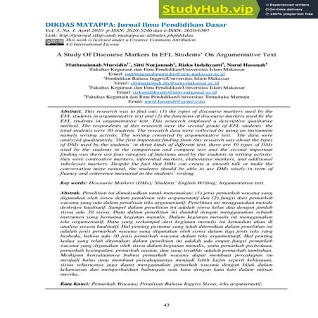 A Study Of Discourse Markers In EFL Students On Argumentative Text | PDF