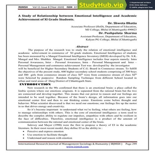 A Study of Relationship between Emotional Intelligence and Academic ...