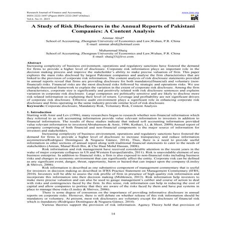 A study of risk disclosures in the annual reports of pakistani | PDF