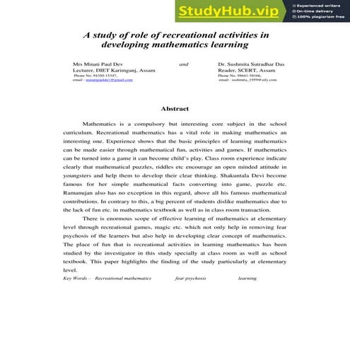 A Study Of Role Of Recreational Activities In Developing Mathematics ...