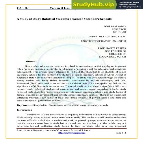 A Study Of Study Habits Of Students Of Senior Secondary Schools | PDF