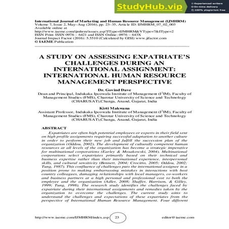 A STUDY ON ASSESSING EXPATRIATE S CHALLENGES DURING AN INTERNATIONAL ASSIGNMENT INTERNATIONAL ...